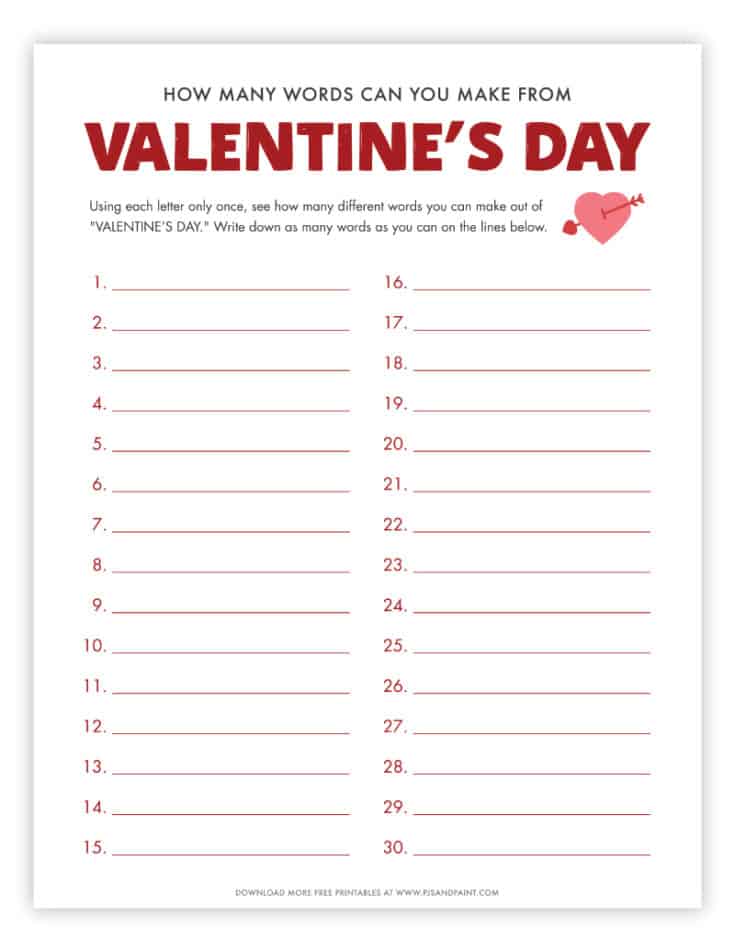 20 Free Printable Valentine's Day Games and Activities - Pjs and Paint