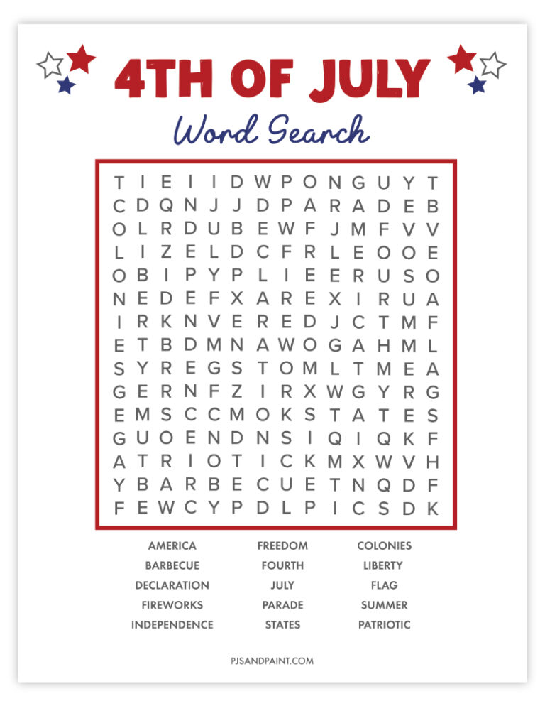 Free Printable 4th of July Word Search - Pjs and Paint