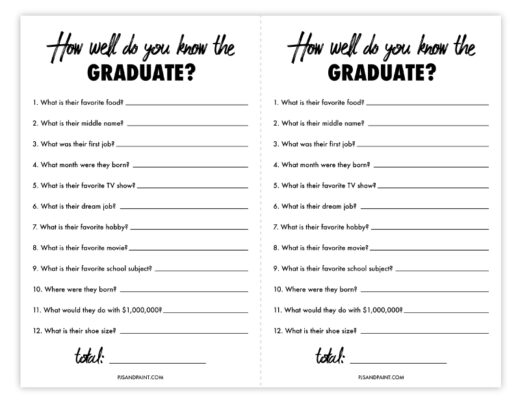 How well do you know the graduate printable game - Pjs and Paint