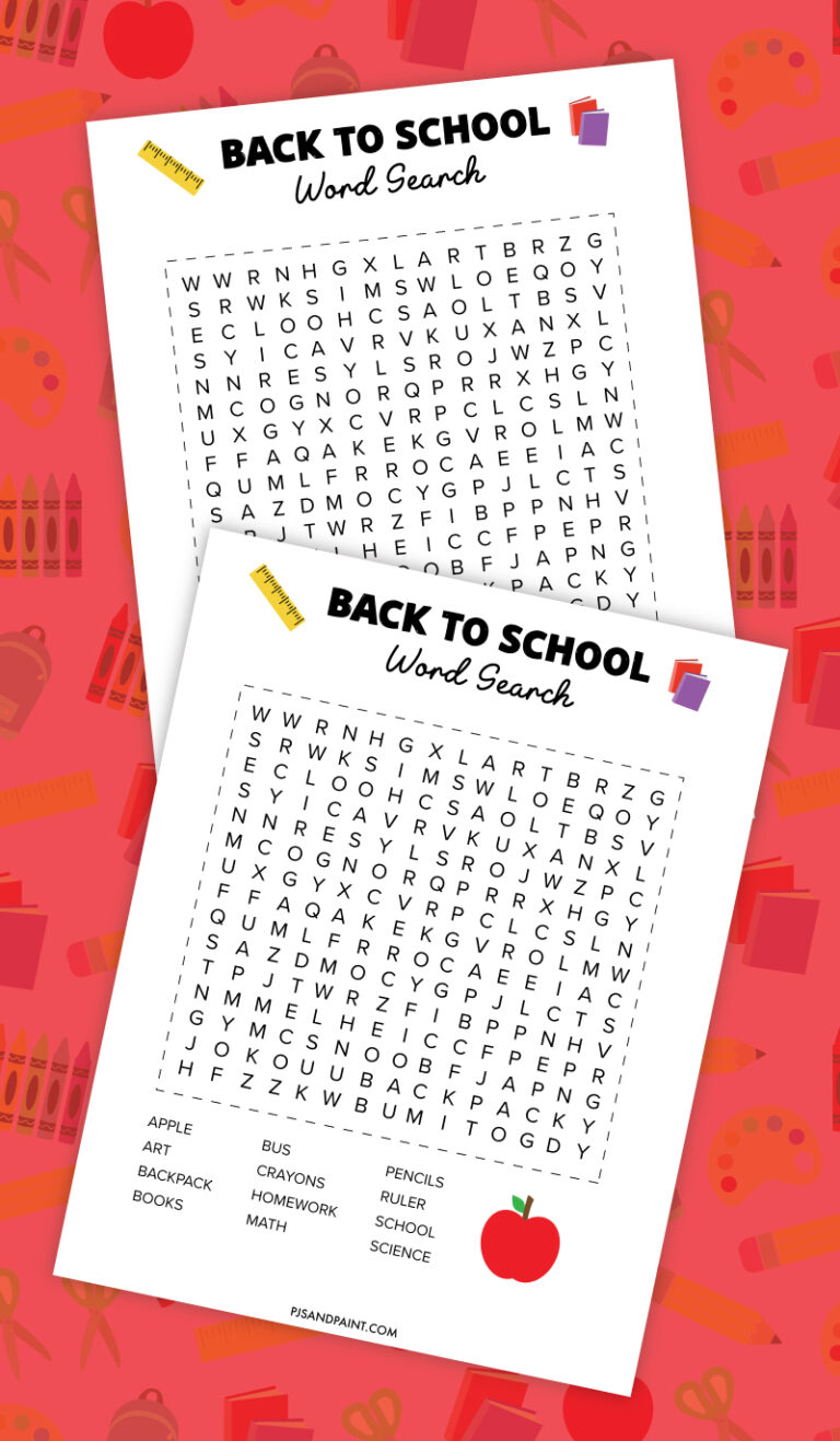 Free Printable Back to School Word Search - Pjs and Paint