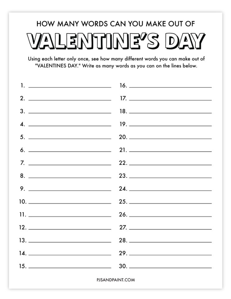 7 Free Printable Valentine's Day How Many Words Games - Pjs and Paint