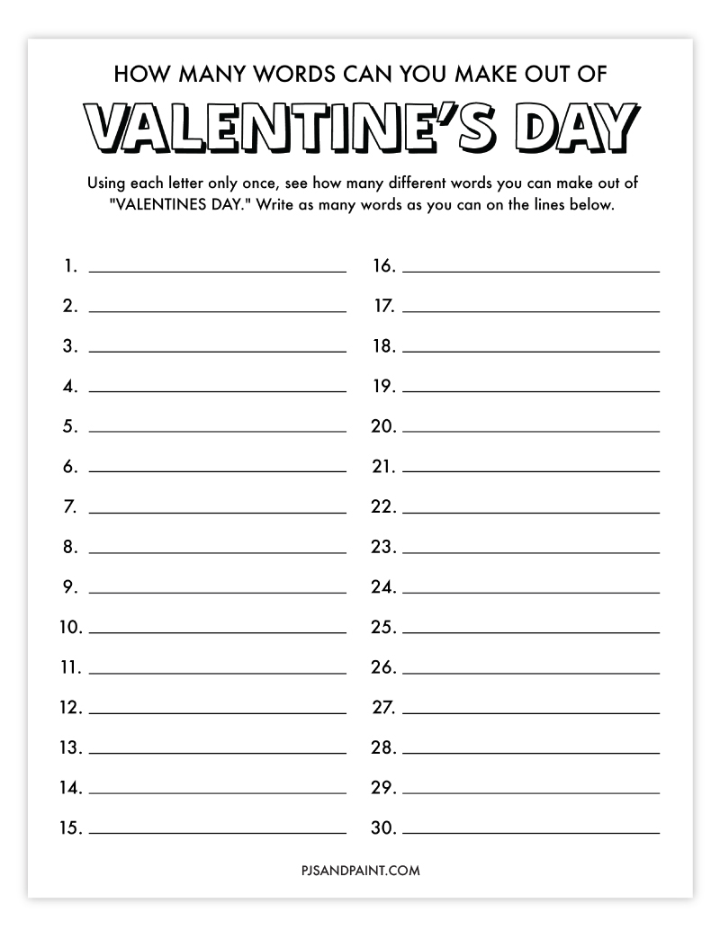 7 Free Printable Valentine's Day How Many Words Games - Pjs and Paint