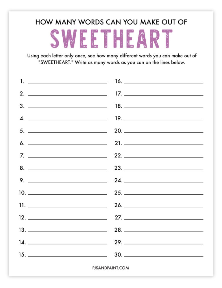 7 Free Printable Valentine's Day How Many Words Games - Pjs and Paint