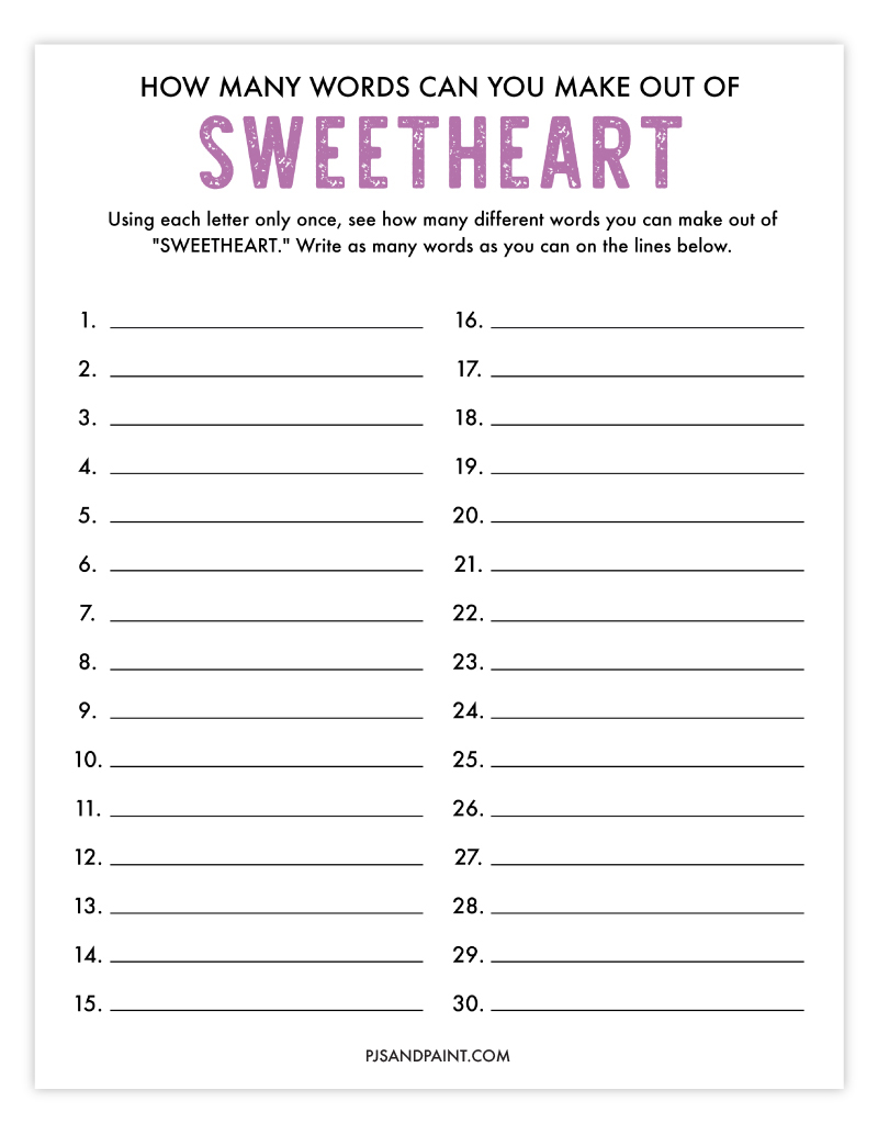 7 Free Printable Valentine's Day How Many Words Games - Pjs and Paint