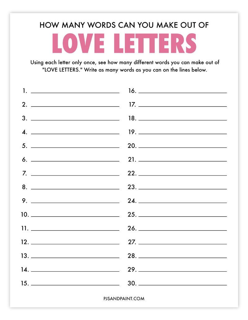 7 Free Printable Valentine's Day How Many Words Games - Pjs and Paint