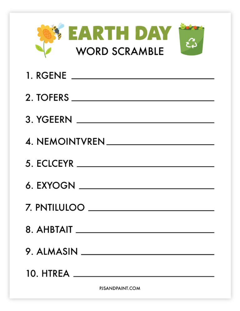 Free Printable Earth Day Word Scramble - Pjs and Paint