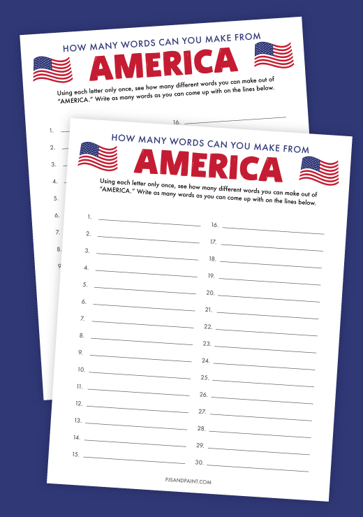 Free Printable How many words can you make from America game - Pjs and ...