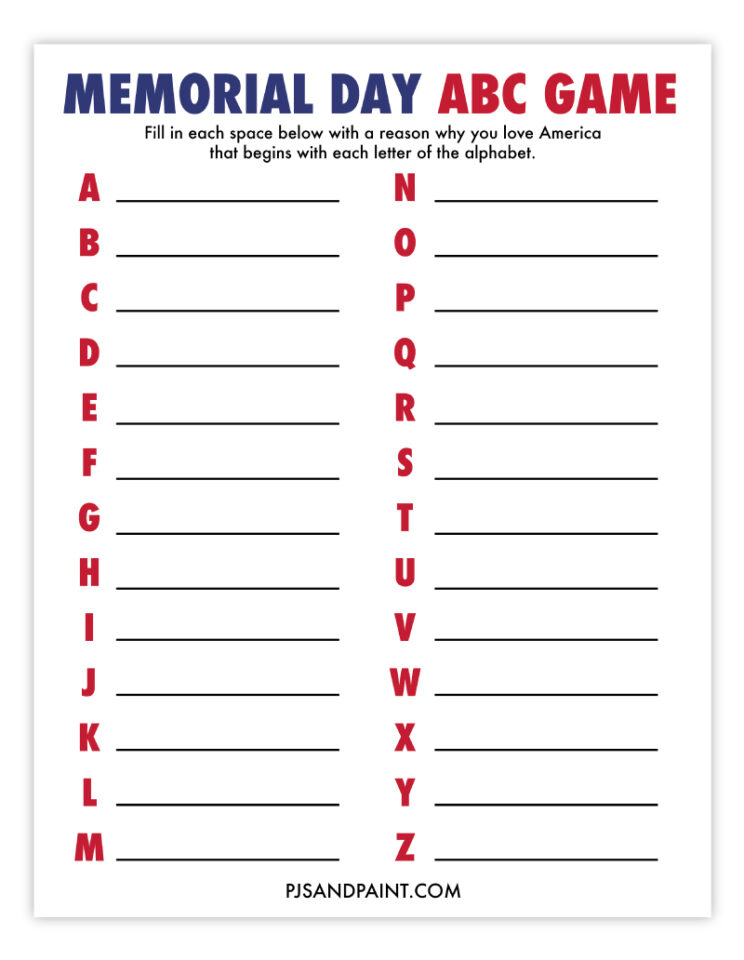 Free Printable Memorial Day ABC Game - Pjs and Paint