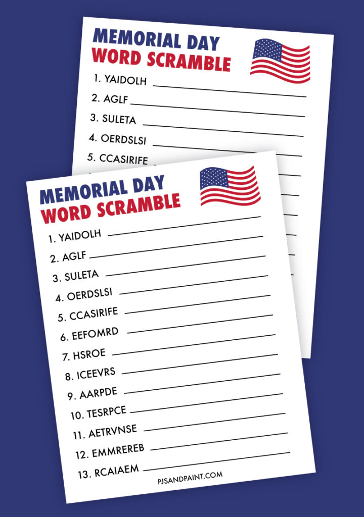 Free Printable Memorial Day Word Scramble - Pjs and Paint