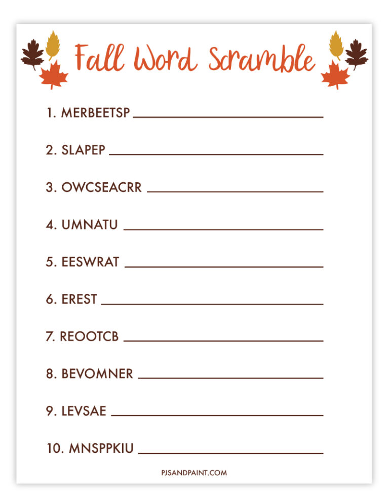Free Printable Fall Word Scramble - Pjs and Paint