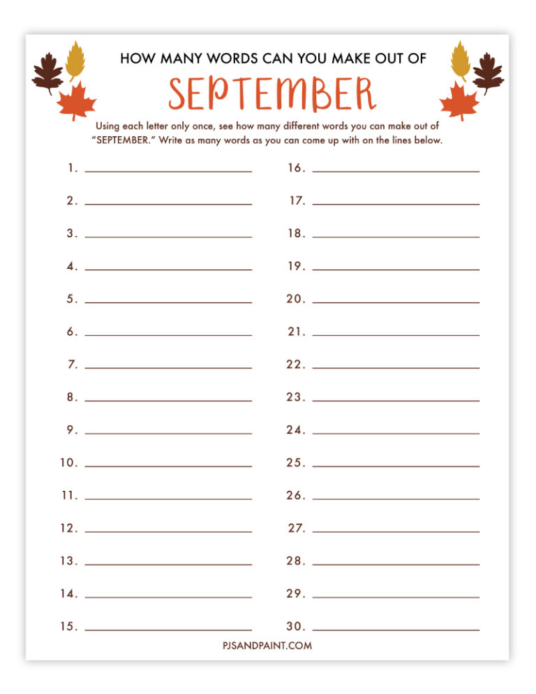 How many words can you make out of September | Free Printable Game