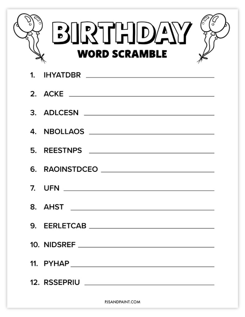 8 Free Printable Birthday Themed Games and Activities - Pjs and Paint