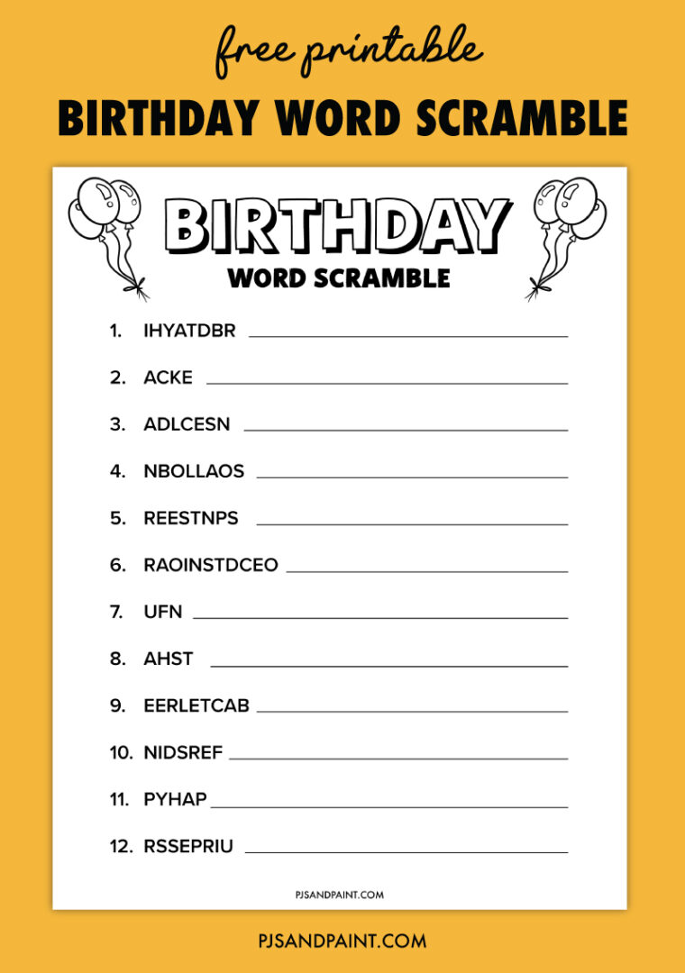 Free Printable Birthday Word Scramble - Pjs and Paint