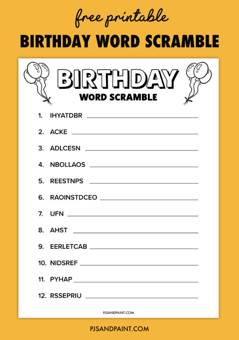 Free Printable Birthday Word Scramble - Pjs and Paint