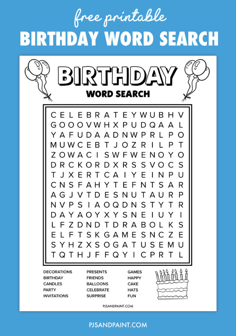 Free Printable Birthday Word Search - Pjs and Paint