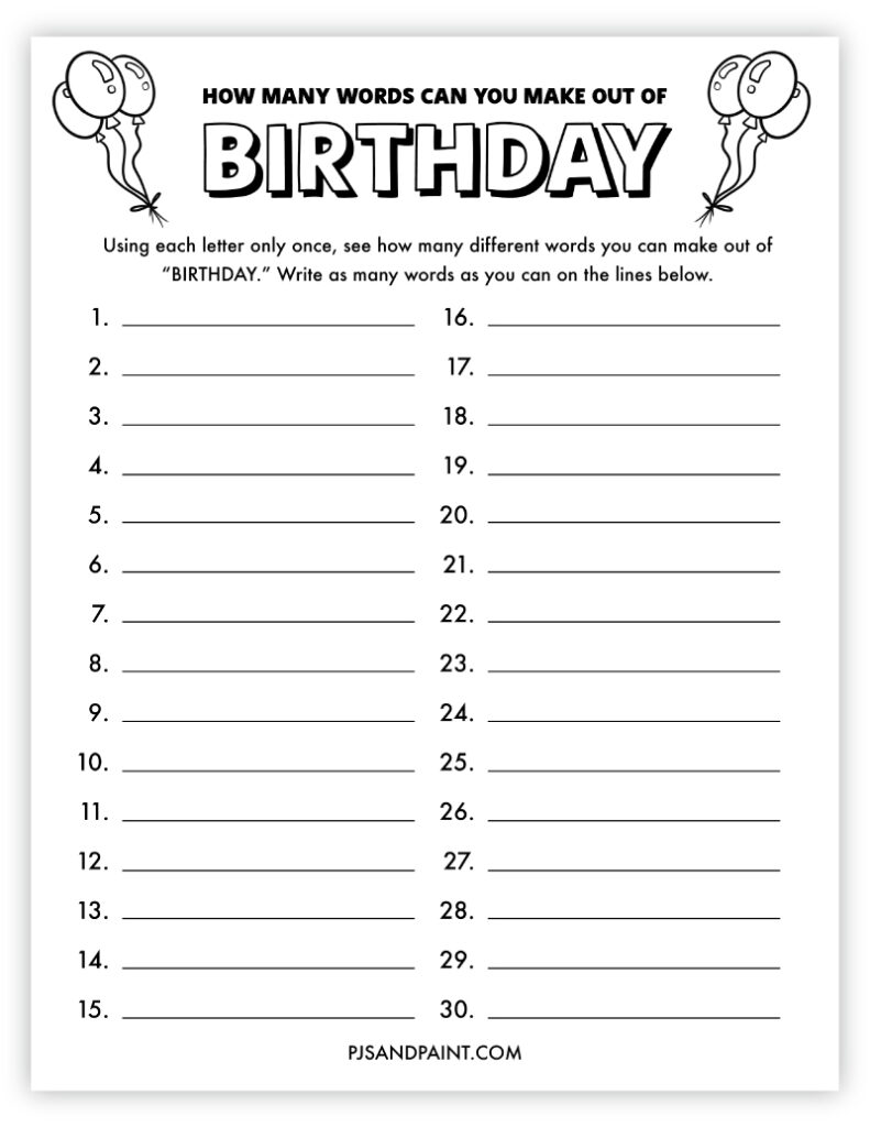 8 Free Printable Birthday Themed Games and Activities - Pjs and Paint