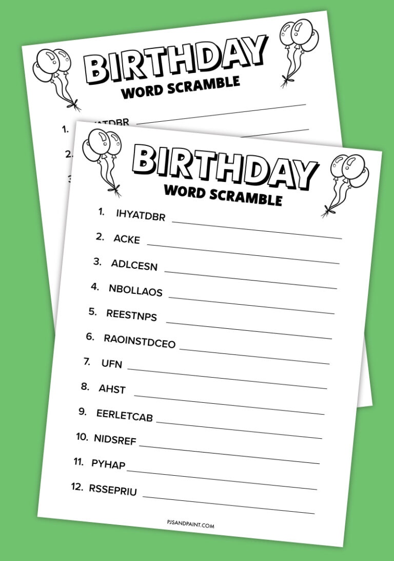 Free Printable Birthday Word Scramble - Pjs and Paint