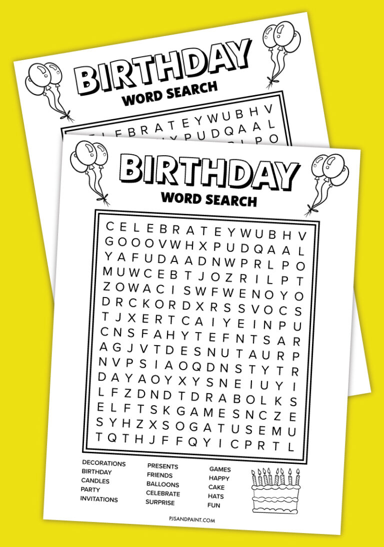 Free Printable Birthday Word Search - Pjs and Paint