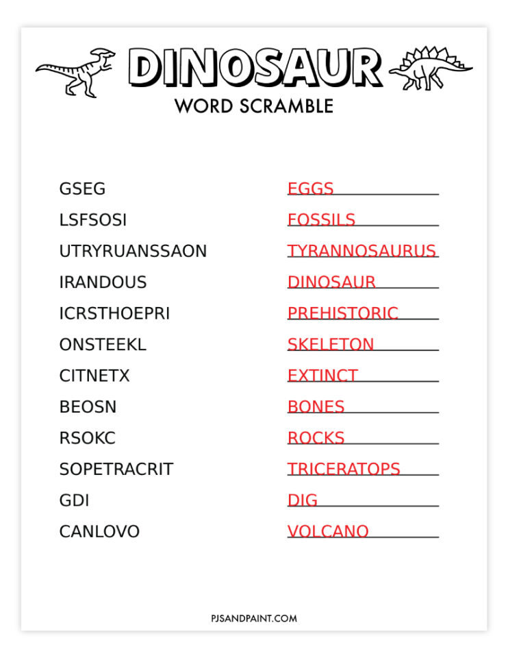 Free Printable Dinosaur Word Scramble - Pjs and Paint