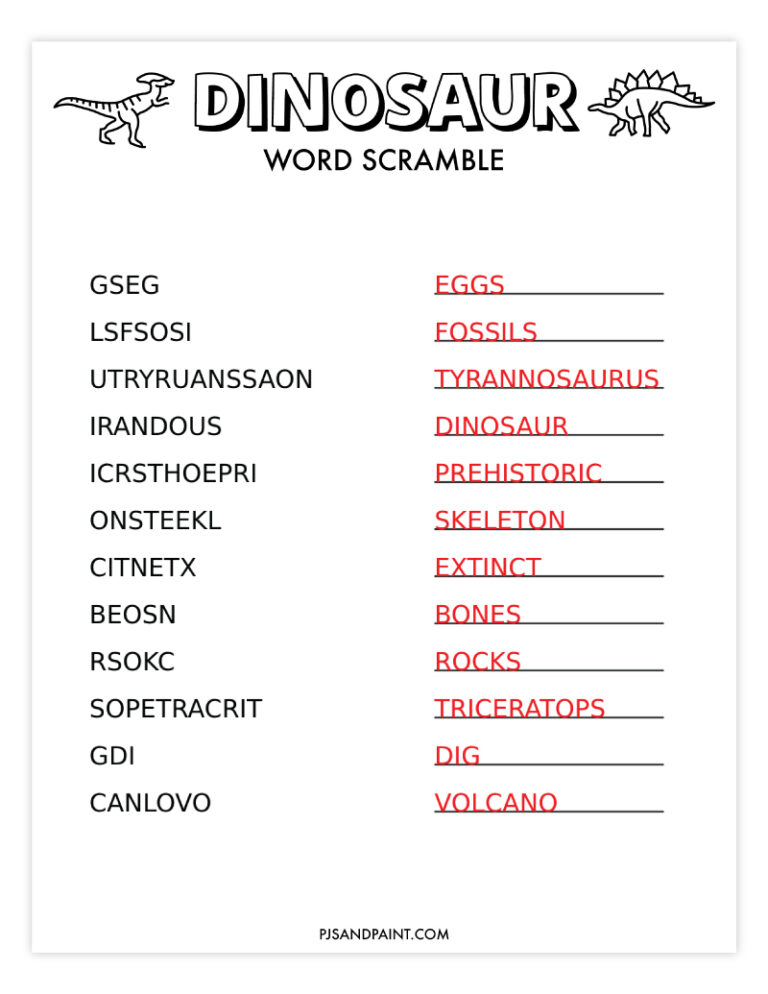 Free Printable Dinosaur Word Scramble - Pjs and Paint