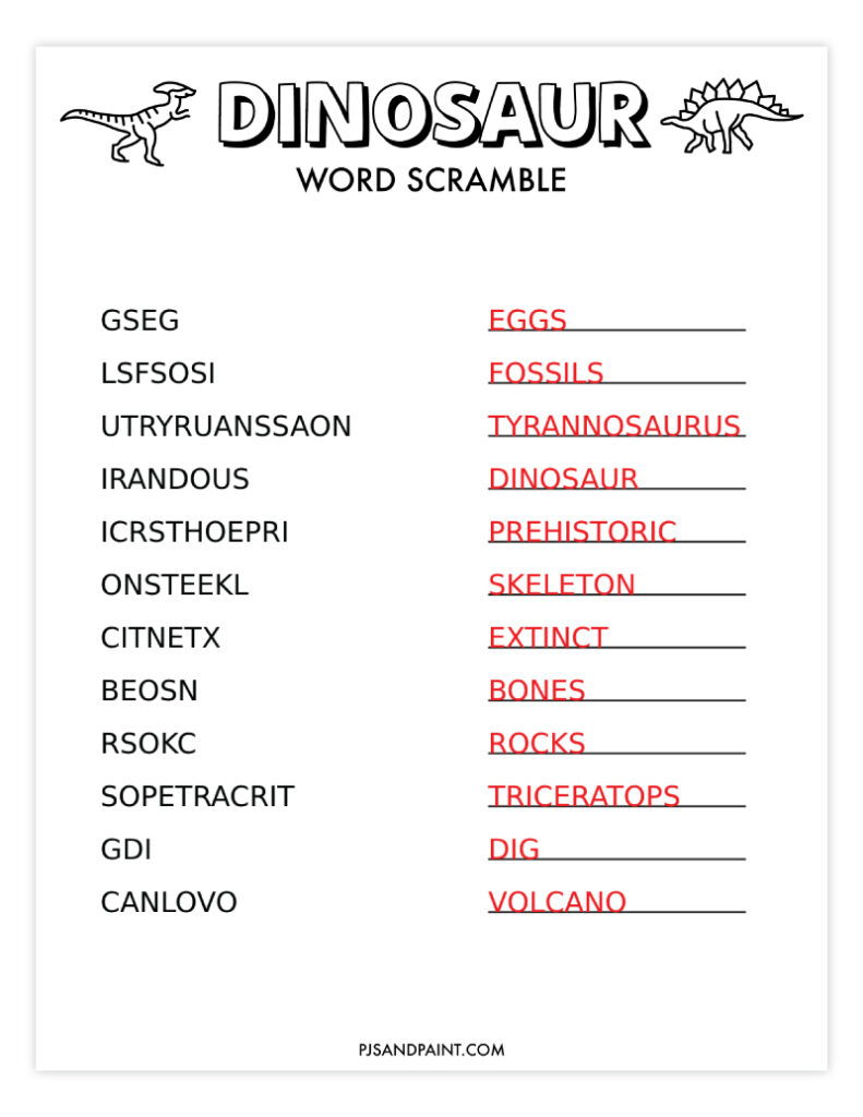 Free Printable Dinosaur Word Scramble - Pjs and Paint