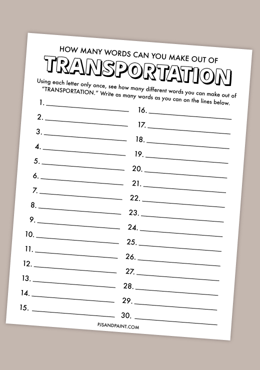 How many words can you make out of Transportation - Free Printable Game ...