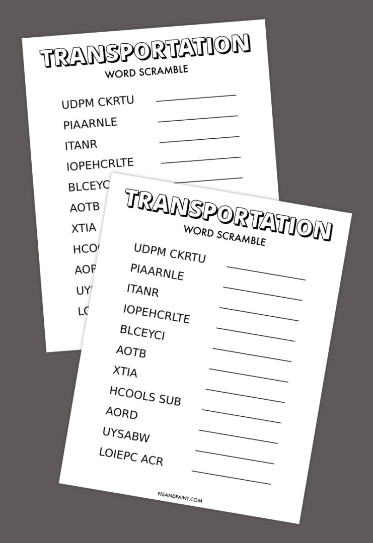 Free Printable Transportation Word Scramble - Pjs and Paint