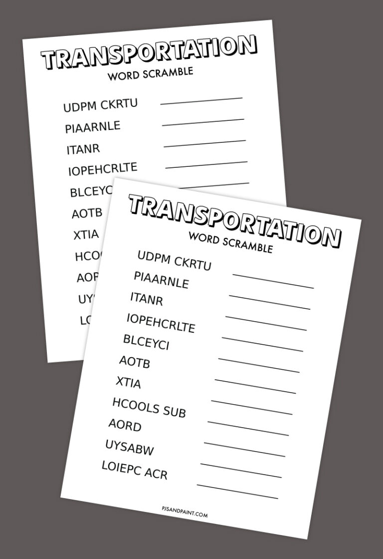 Free Printable Transportation Word Scramble - Pjs and Paint