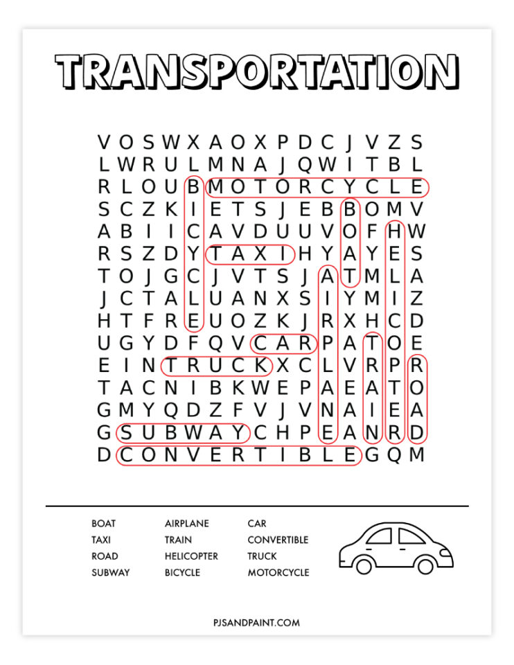 Free Printable Transportation Word Search - Pjs and Paint