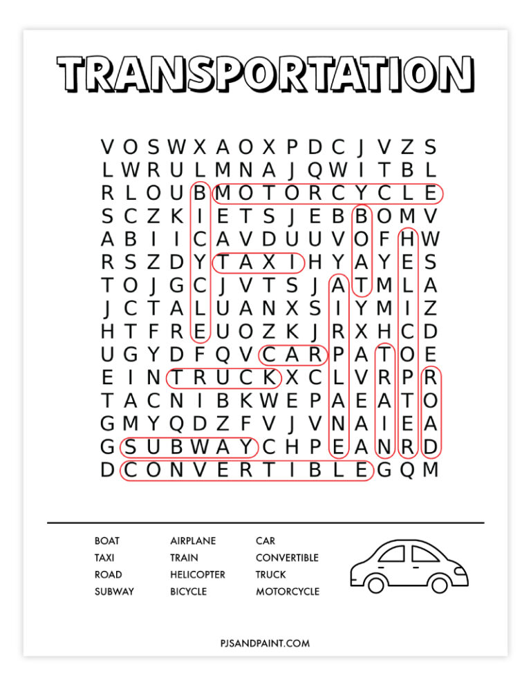 Free Printable Transportation Word Search - Pjs and Paint