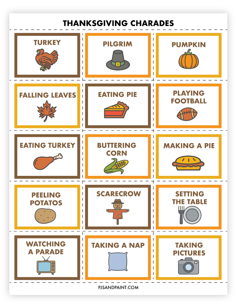 Free Printable Thanksgiving Charades - Pjs and Paint