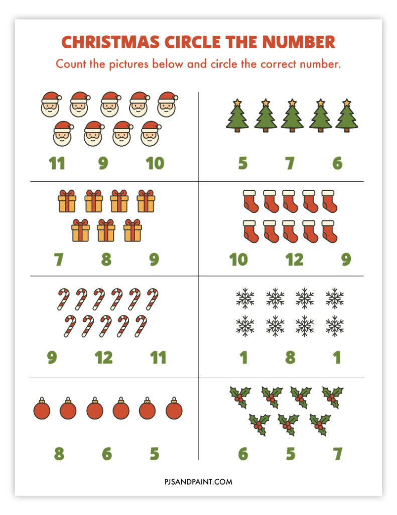 Free Printable Christmas Count the Number Worksheet - Pjs and Paint