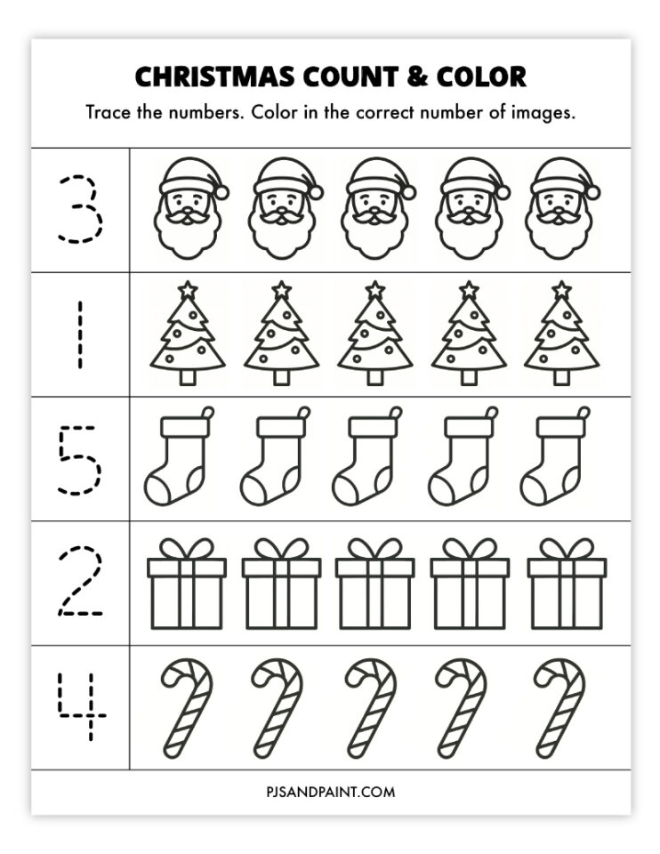 Free Printable Christmas Count and Color Worksheet - Pjs and Paint