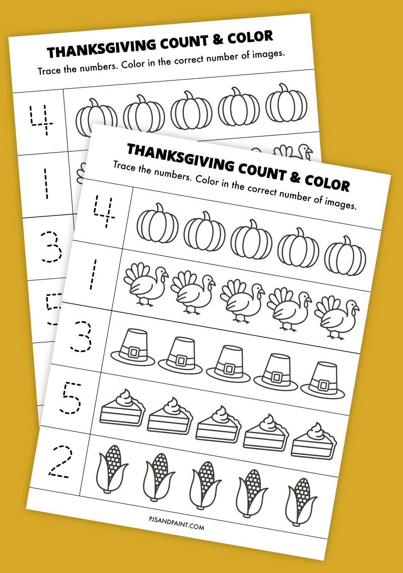 Free Printable Thanksgiving Count and Color Worksheet - Pjs and Paint