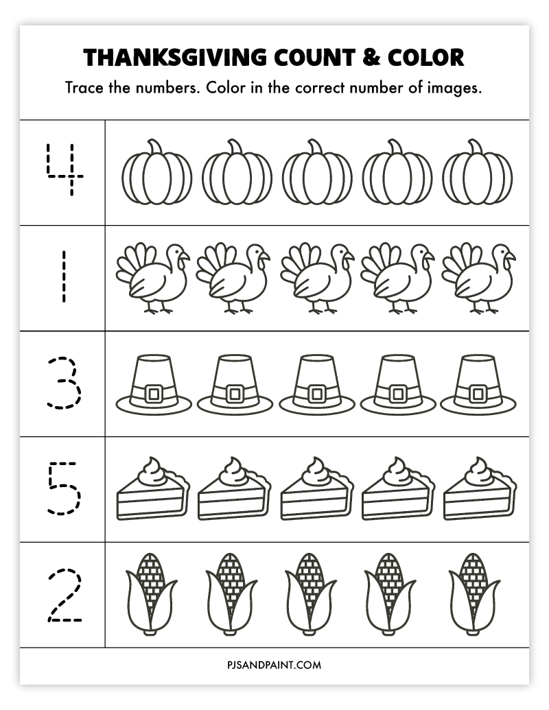 Free Printable Thanksgiving Count and Color Worksheet - Pjs and Paint