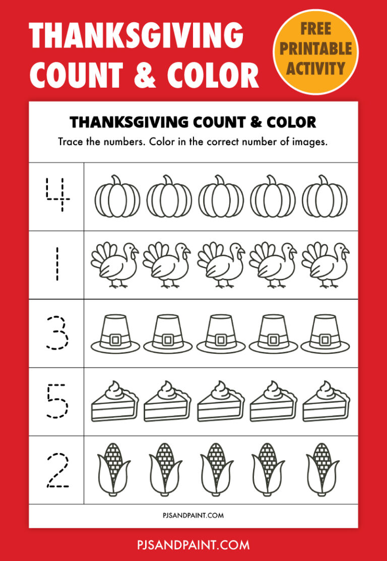 Free Printable Thanksgiving Count and Color Worksheet - Pjs and Paint