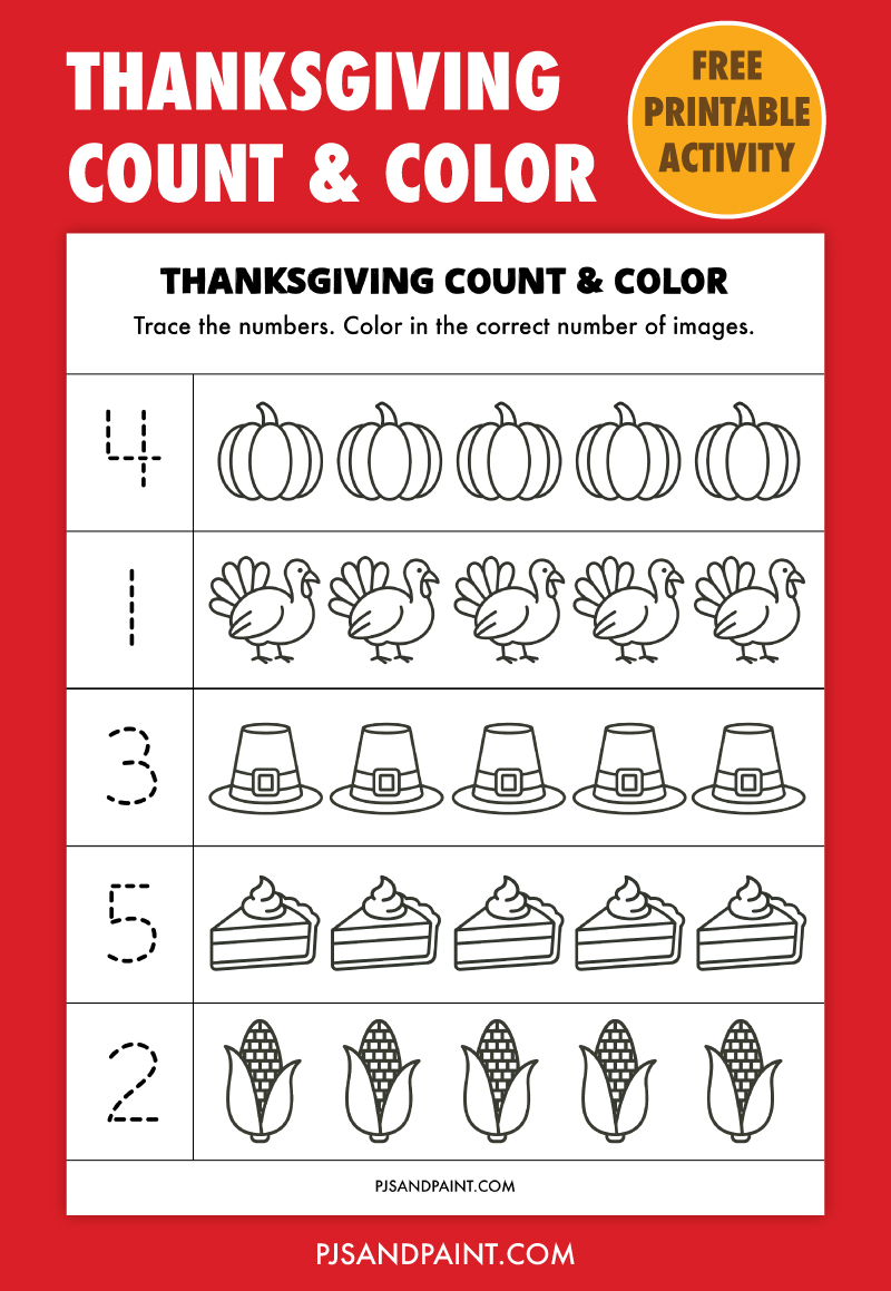 Free Printable Thanksgiving Count and Color Worksheet - Pjs and Paint