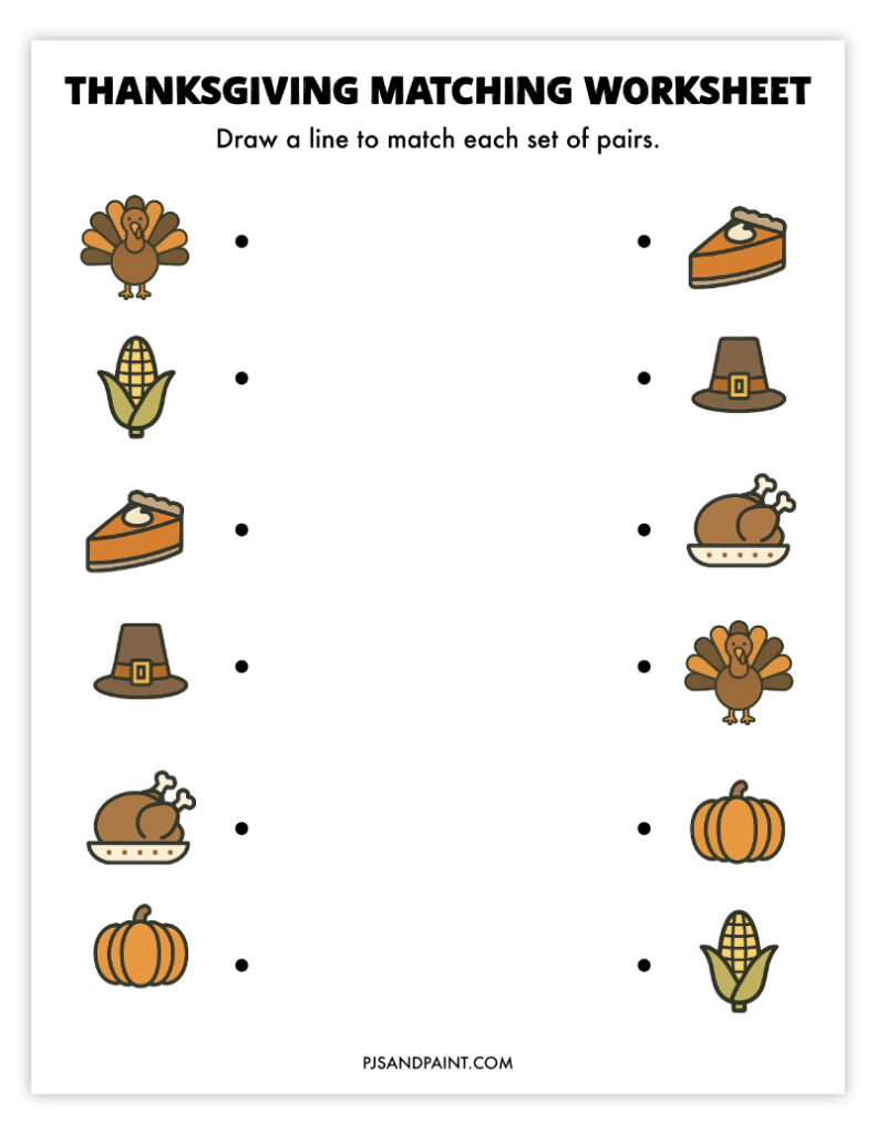 Free Printable Thanksgiving Matching Worksheet - Pjs and Paint