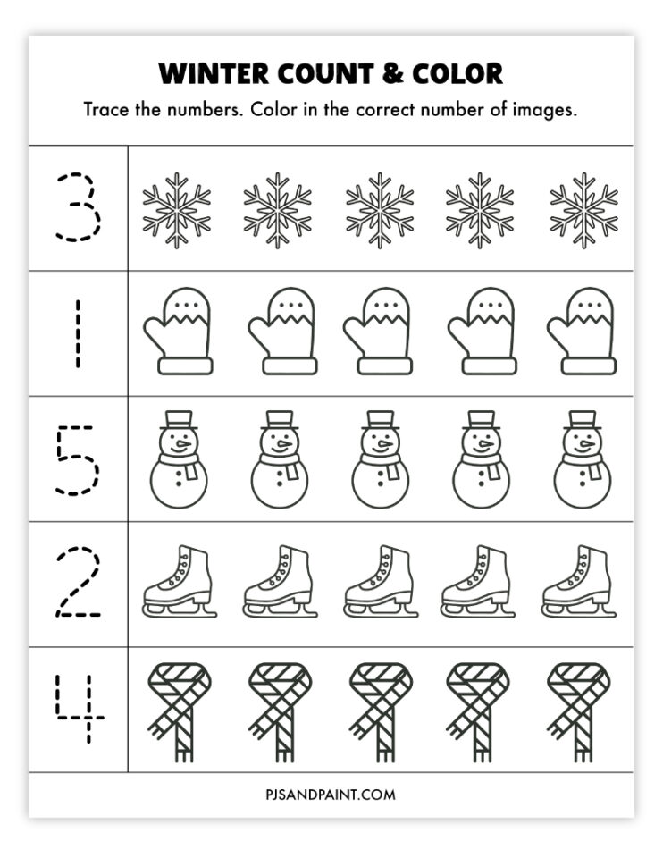 Free Printable Winter Count and Color Worksheet - Pjs and Paint