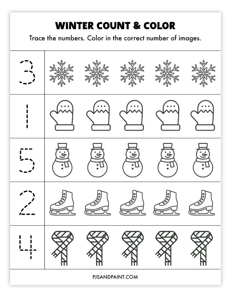 Free Printable Winter Count and Color Worksheet - Pjs and Paint