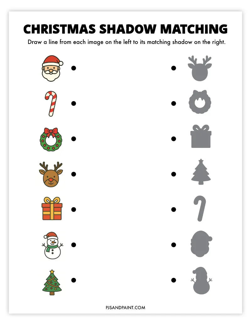 Free Printable Christmas Shadow Matching Worksheet - Pjs and Paint