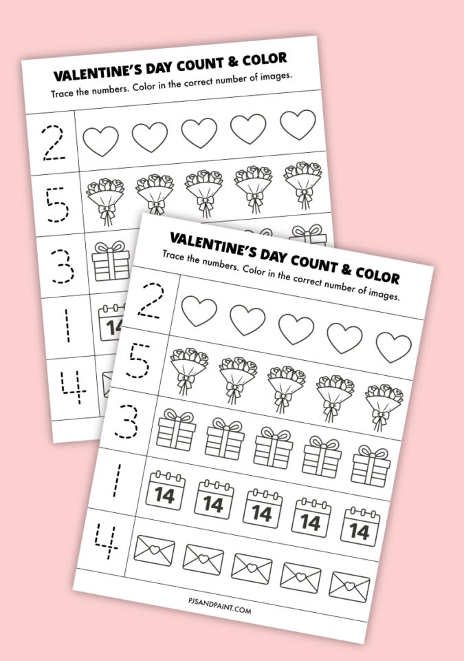 Free Printable Valentine's Day Count and Color Worksheet - Pjs and Paint