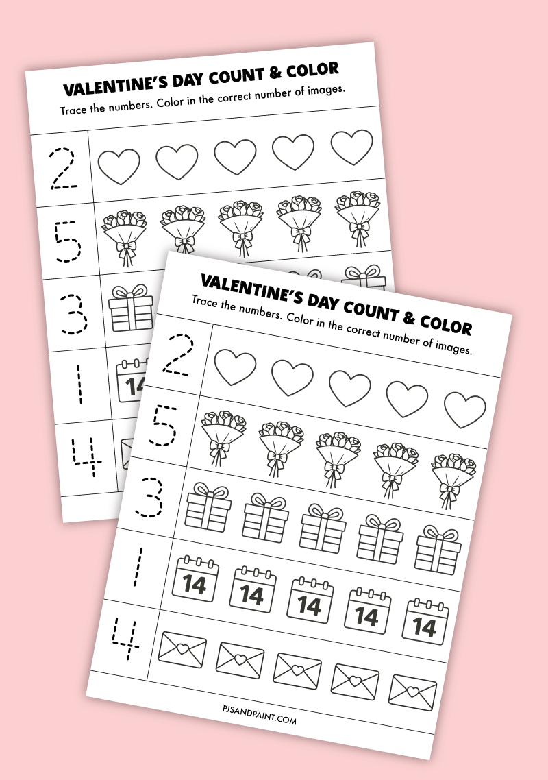 Free Printable Valentine's Day Count and Color Worksheet - Pjs and Paint
