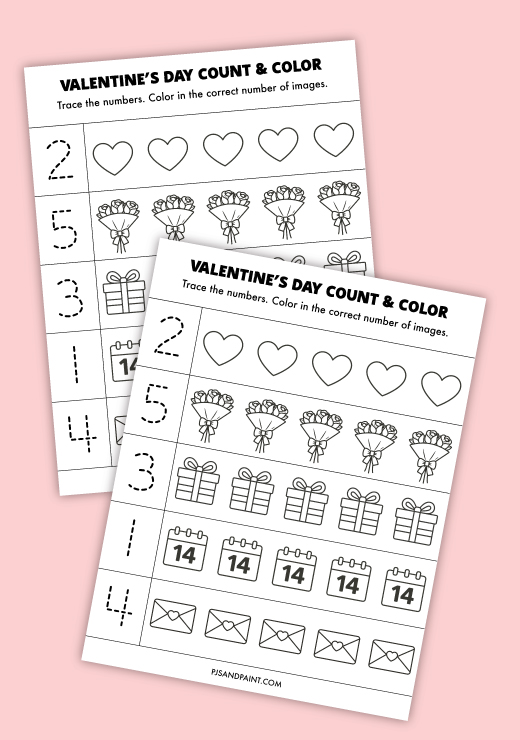 Free Printable Valentine's Day Count and Color Worksheet - Pjs and Paint