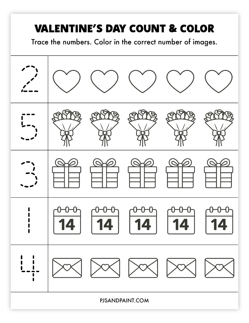 Free Printable Valentine's Day Count and Color Worksheet - Pjs and Paint