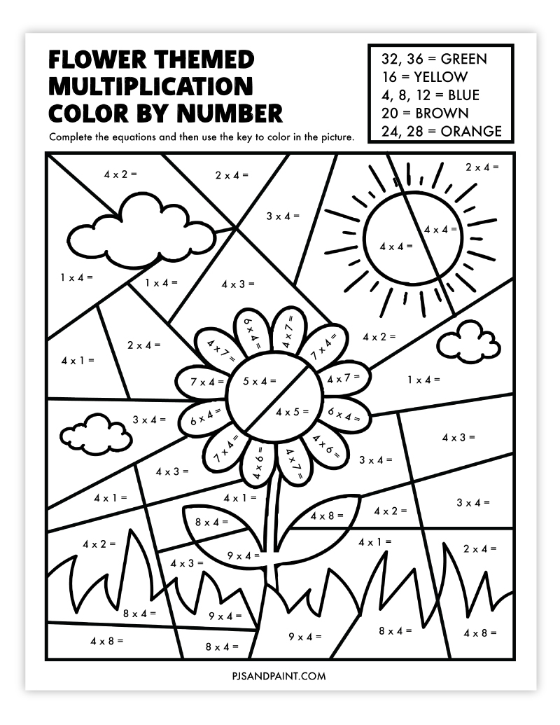 5 Free Printable Multiplication Color by Number Worksheets - Pjs and Paint