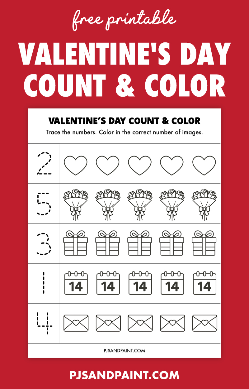 Free Printable Valentine's Day Count and Color Worksheet - Pjs and Paint