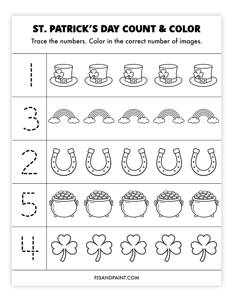 Free Printable St. Patrick's Day Count and Color Worksheet - Pjs and Paint