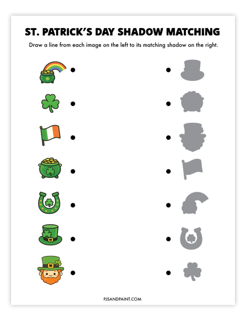 Free Printable St. Patrick's Day Shadow Matching Worksheet - Pjs and Paint