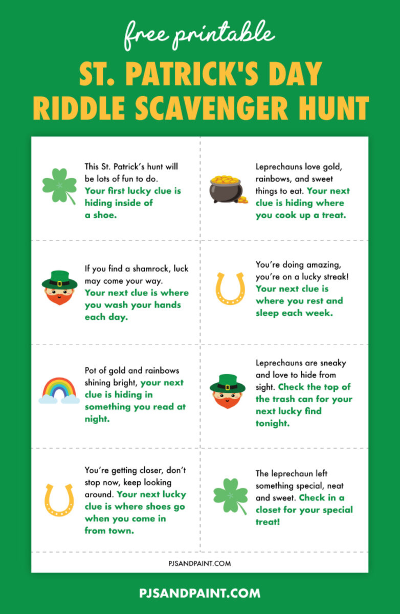 Free Printable St. Patrick’s Day Riddle Scavenger Hunt - Pjs and Paint